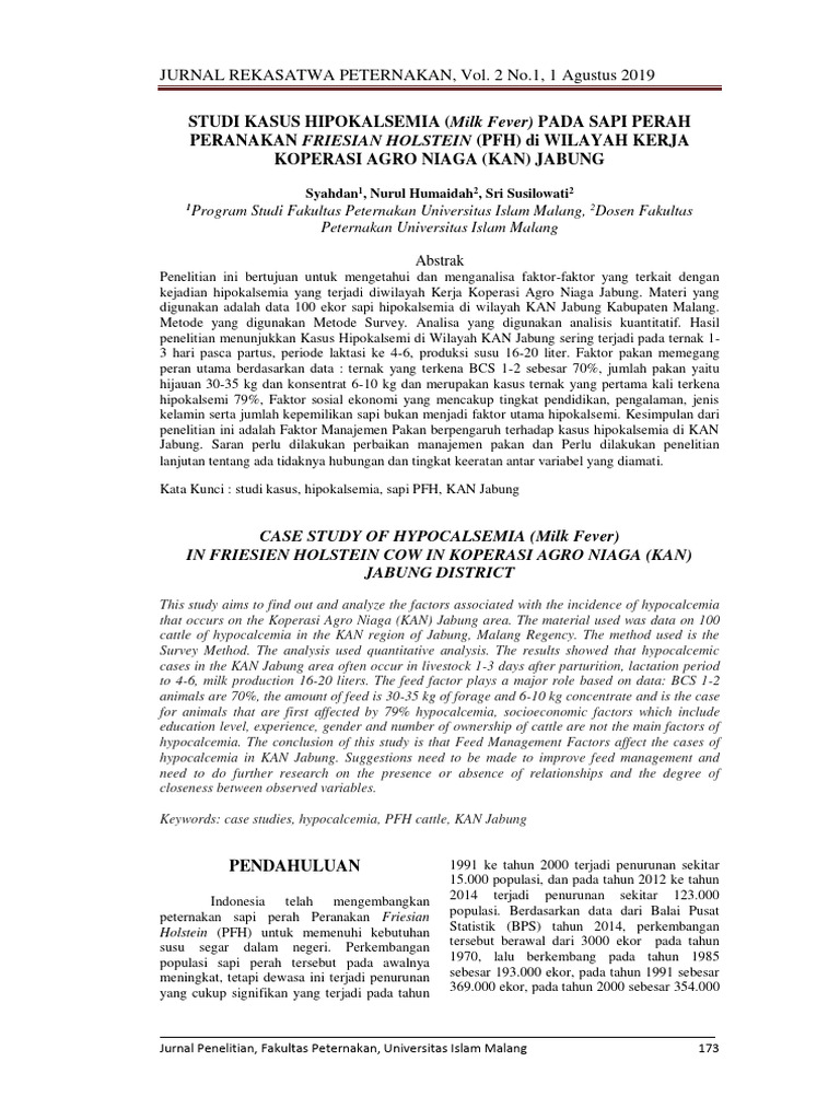 Studi Kasus Hipokalsemia (Milk Fever) Pada Sapi Perah Peranakan ...