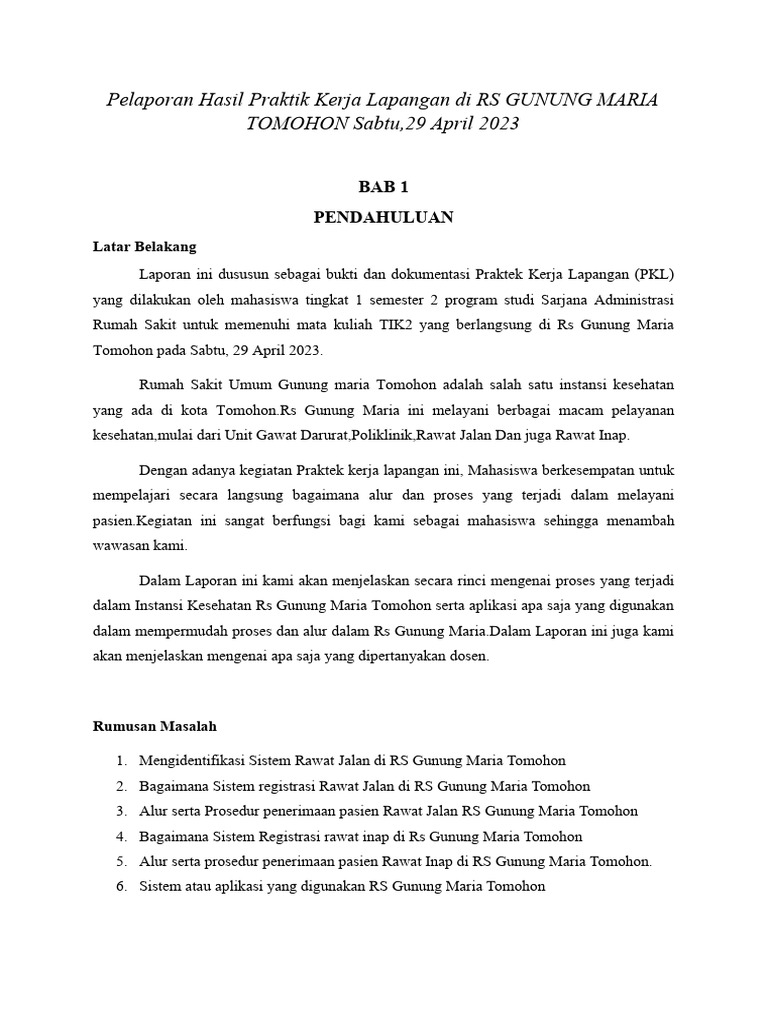 Praktik Kerja di RS Gunung Maria Tomohon | PDF | Ilmu Sosial | Sains ...