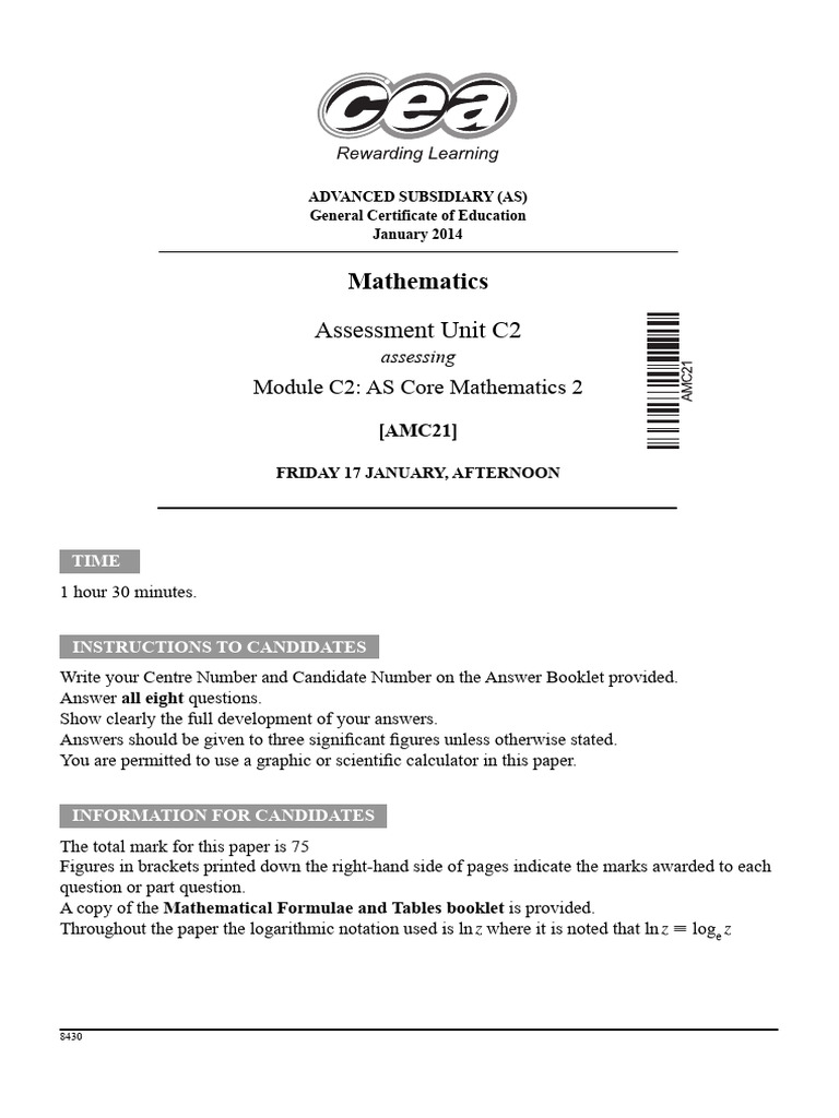 A2AS MATH Past Papers Mark Schemes Standard January Series 2014 13507 | PDF | Circle | Mathematics