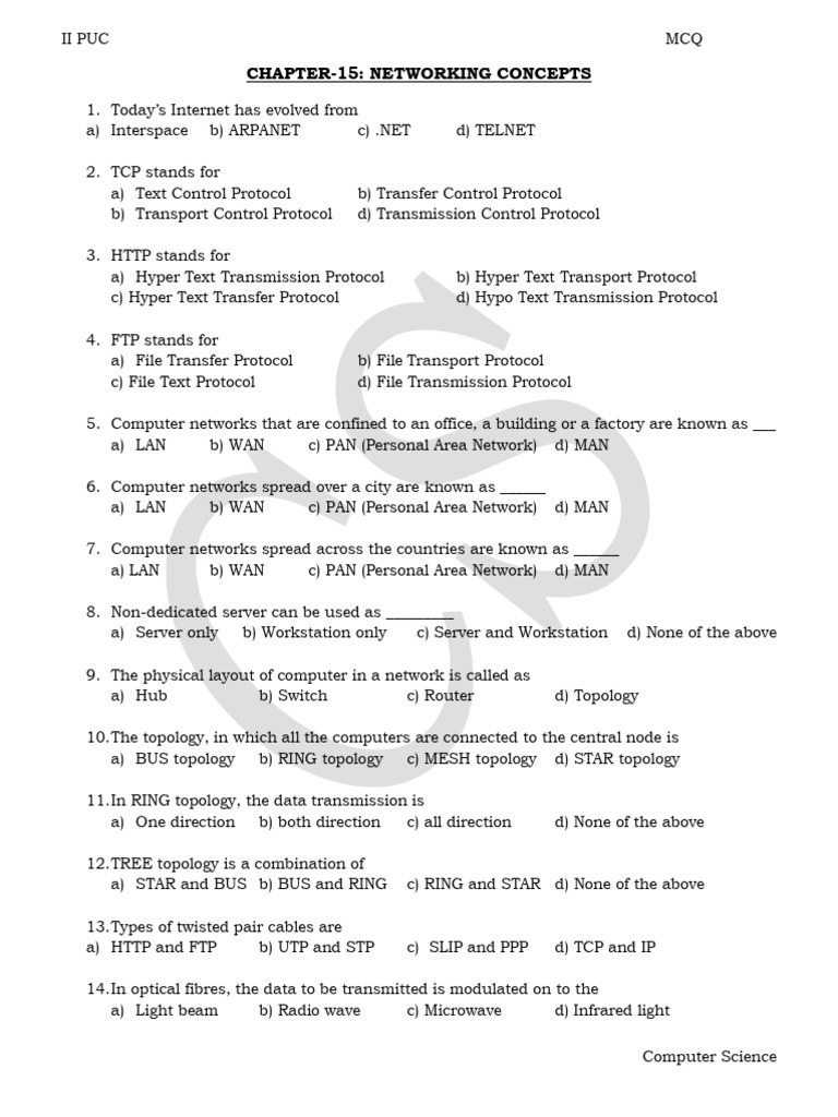 Networking Concepts MCQs for II PUC | PDF | Computer Network | Network Topology