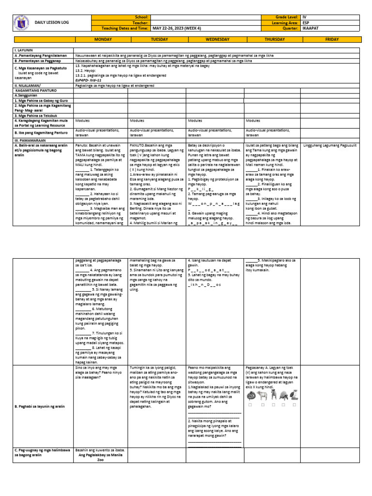 DLL - ESP 4 - Q4 - W4 - Pagkalinga Sa Mga Hayop Na Ligaw at Endangered ...