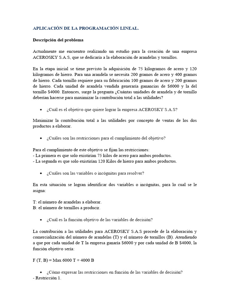 TALLER APLICACIÓN DE LA PROGRAMACIÓN LINEAL | PDF | Programación lineal ... TALLER APLICACIÓN DE LA PROGRAMACIÓN LINEAL | PDF | Programación lineal ...