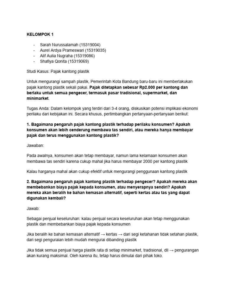 Kelompok 1 - Case Study - The Plastic Bag Tax | PDF
