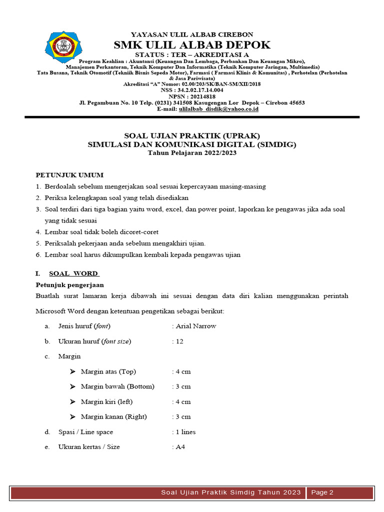 Soal Ujian Praktik Simdig Tahun 2023 | PDF