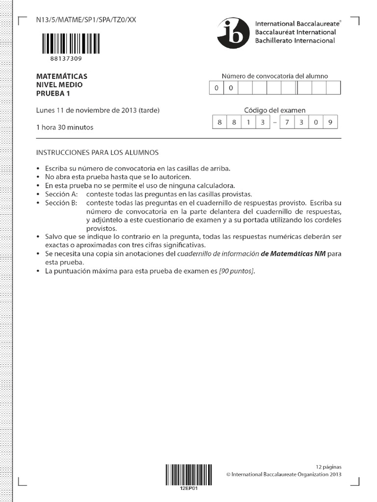 MATEMÁTICAS NIVEL MEDIO PRUEBA 1 de Matemáticas NM - PDF | PDF