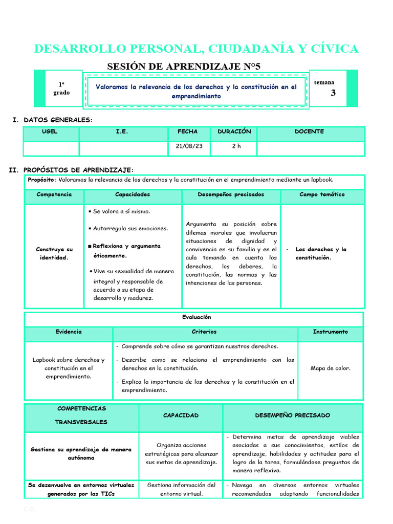 1° Sesión de Aprendizaje Sesión 5-Sem.3-Exp.5-Dpcc | PDF | Aprendizaje | Iniciativa empresarial