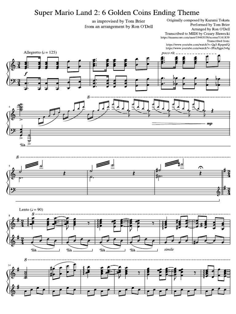 Super Mario Land 2 Ending Theme As Played by Tom Brier | PDF