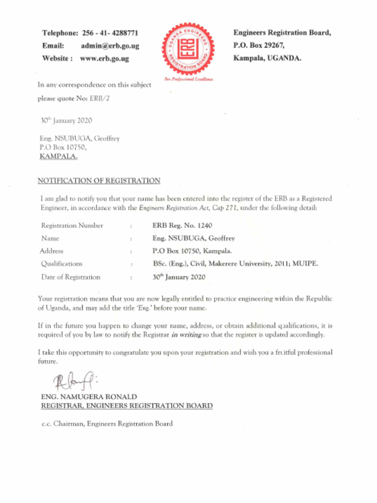 Notification of Registration - Geoffrey Nsubuga | PDF