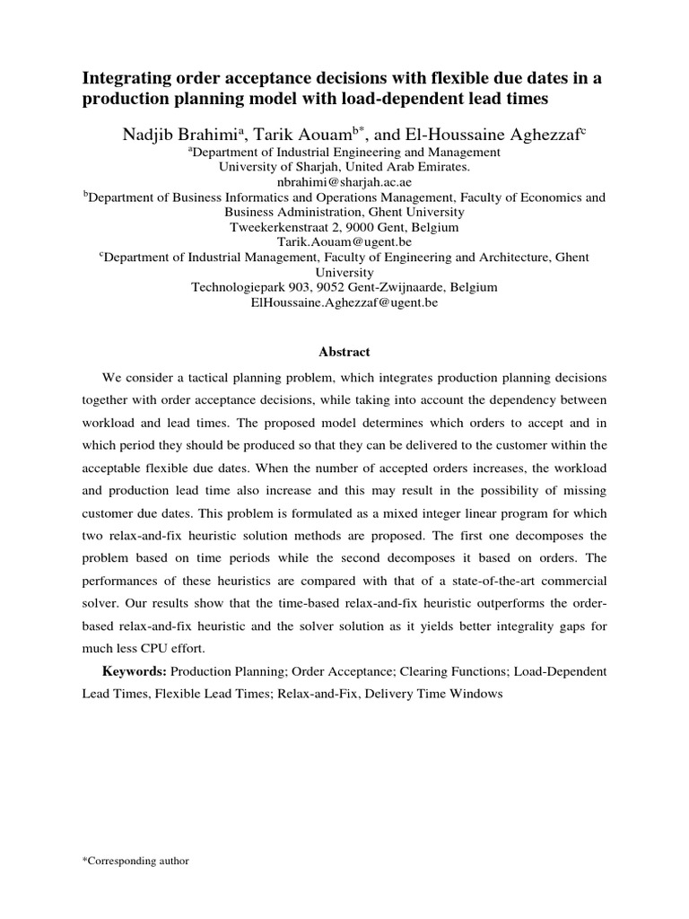 Production Planning and Order Acceptance | PDF | Mathematical Optimization | Linear Programming