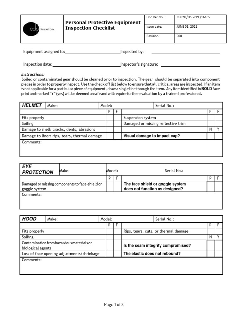 Ppe Inspection Checklist | PDF | Personal Protective Equipment | Materials