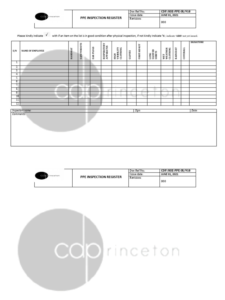 Ppe Inspection Register 2 | Download Free PDF | Working Conditions ...