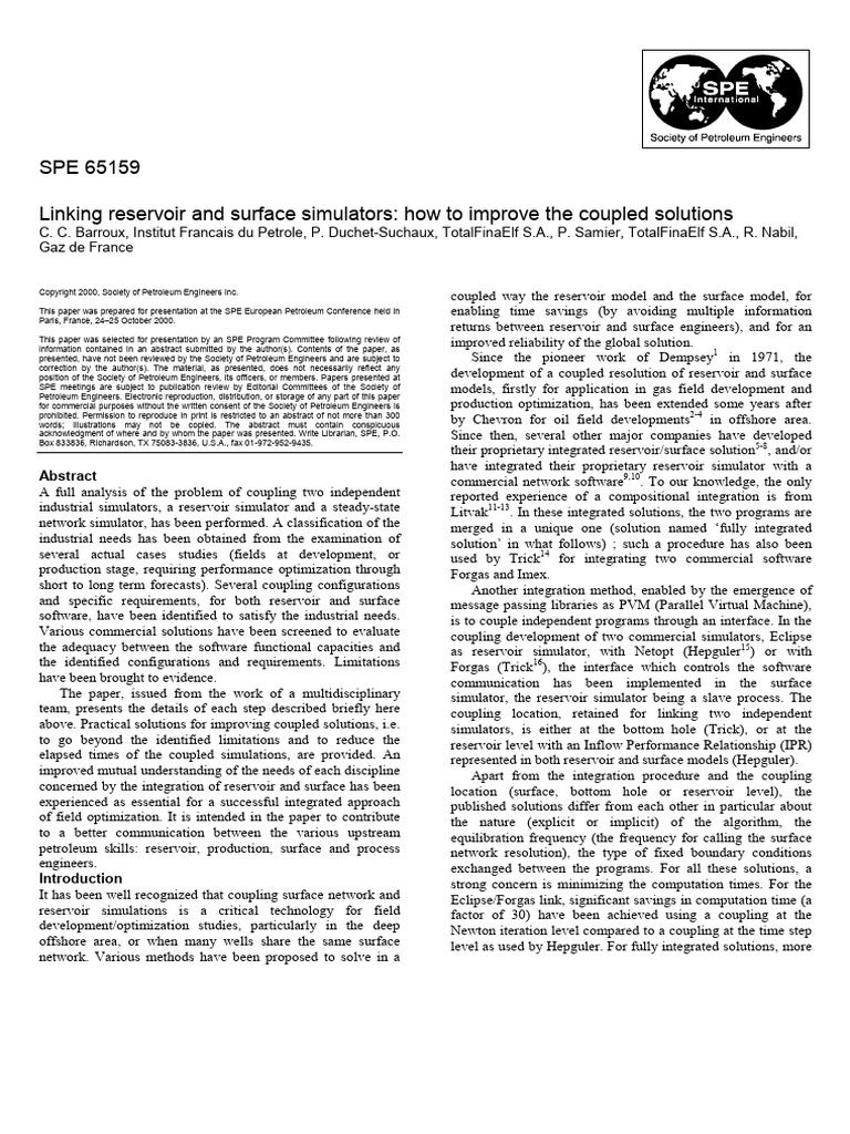 Linking Reservoir and Surface Simulators How To Improve The Coupled Solutions Barroux2000 | PDF ...