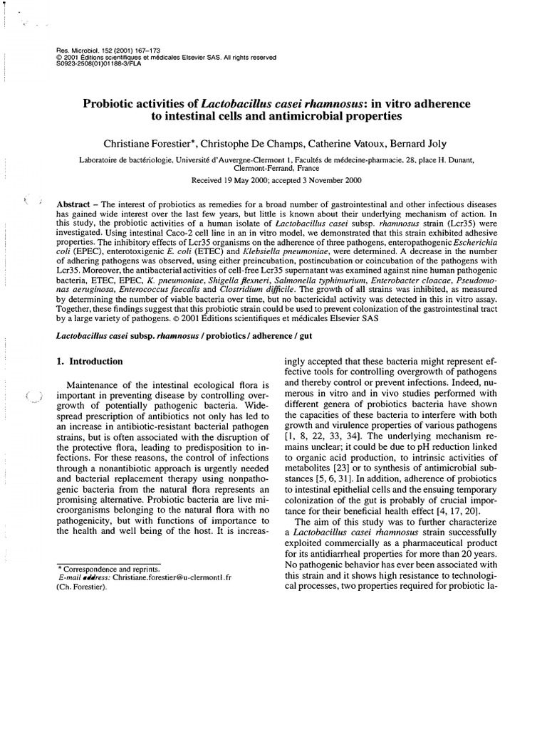 Probiotic Activities of Lcr35 in Vitro Adherence To Intestinal Cells ...