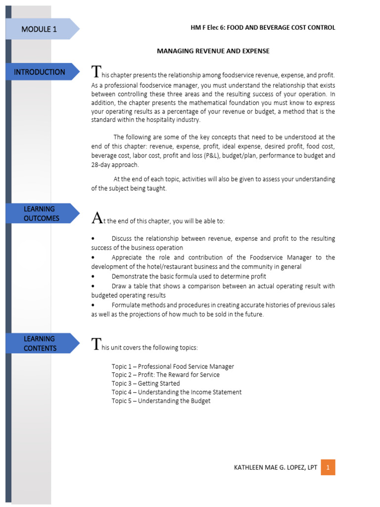 FNB Cost Control Module 1 | PDF | Income Statement | Percentage
