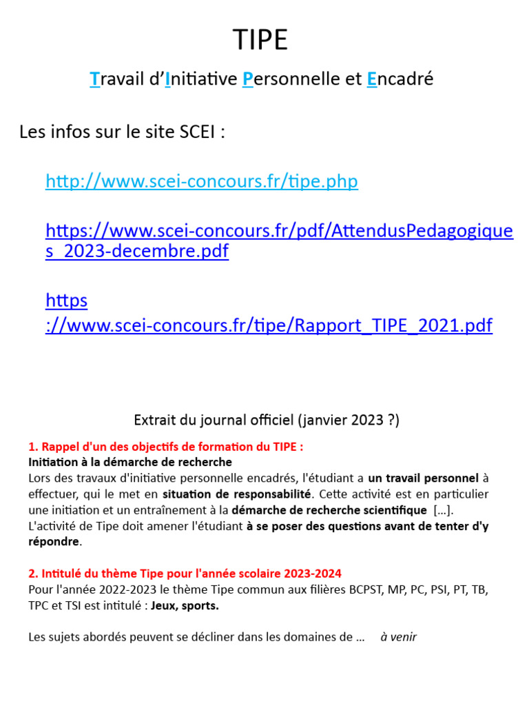 Presentation - PTSI - 2020-TIPE | PDF | Méthode scientifique | Expérience