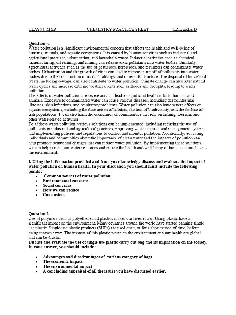 Class 9 Myp Chemistry Practice Sheet Criteria D | PDF | Water Pollution ...