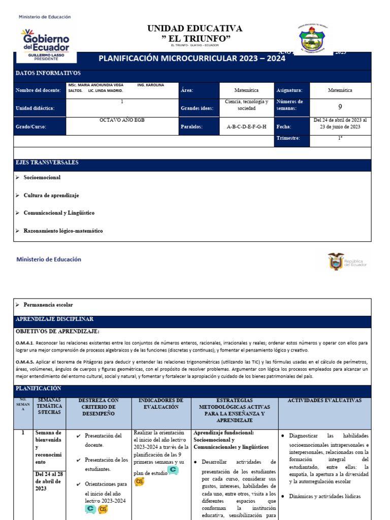 Planificación 9 Semanas Matemática OCTAVO EGB-1 | PDF | Ecuaciones ...