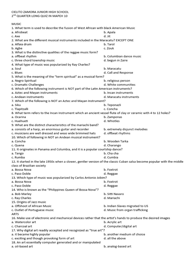 Long Quiz 2nd Quarter Part 1 Cielito Zamora Junior High School | PDF ...