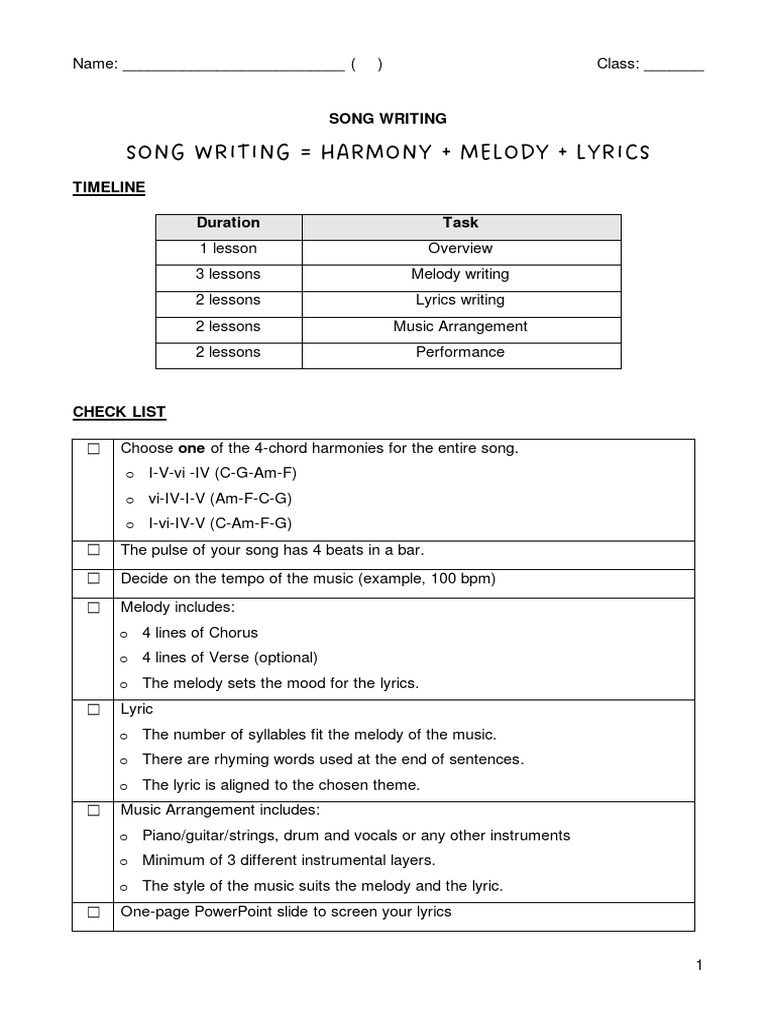 Songwriting Worksheet | PDF | Song Structure | Chord (Music)