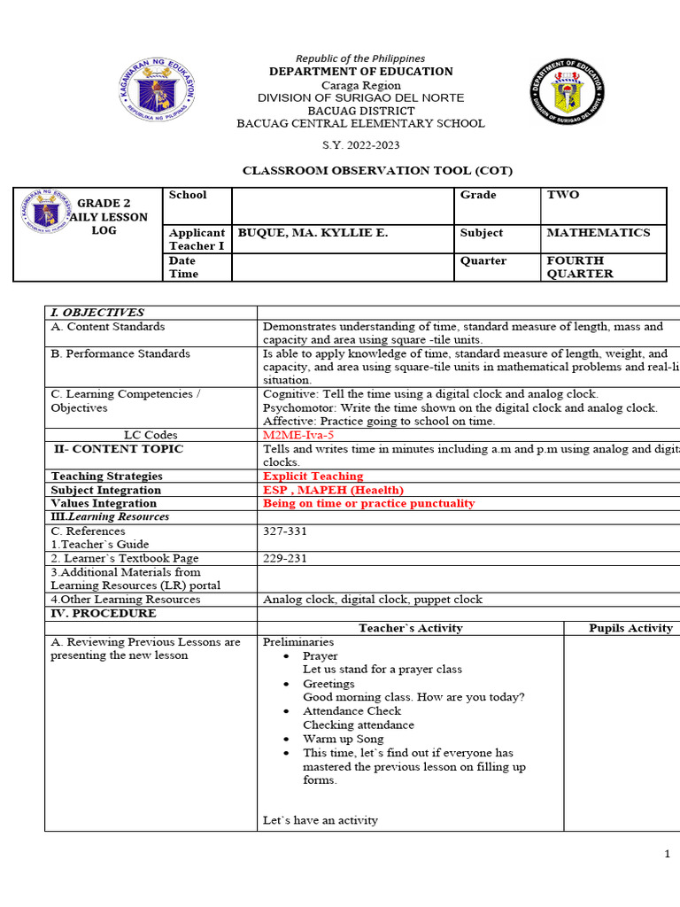 Demo Lesson Plan For Math 2 | PDF | Clock | Learning