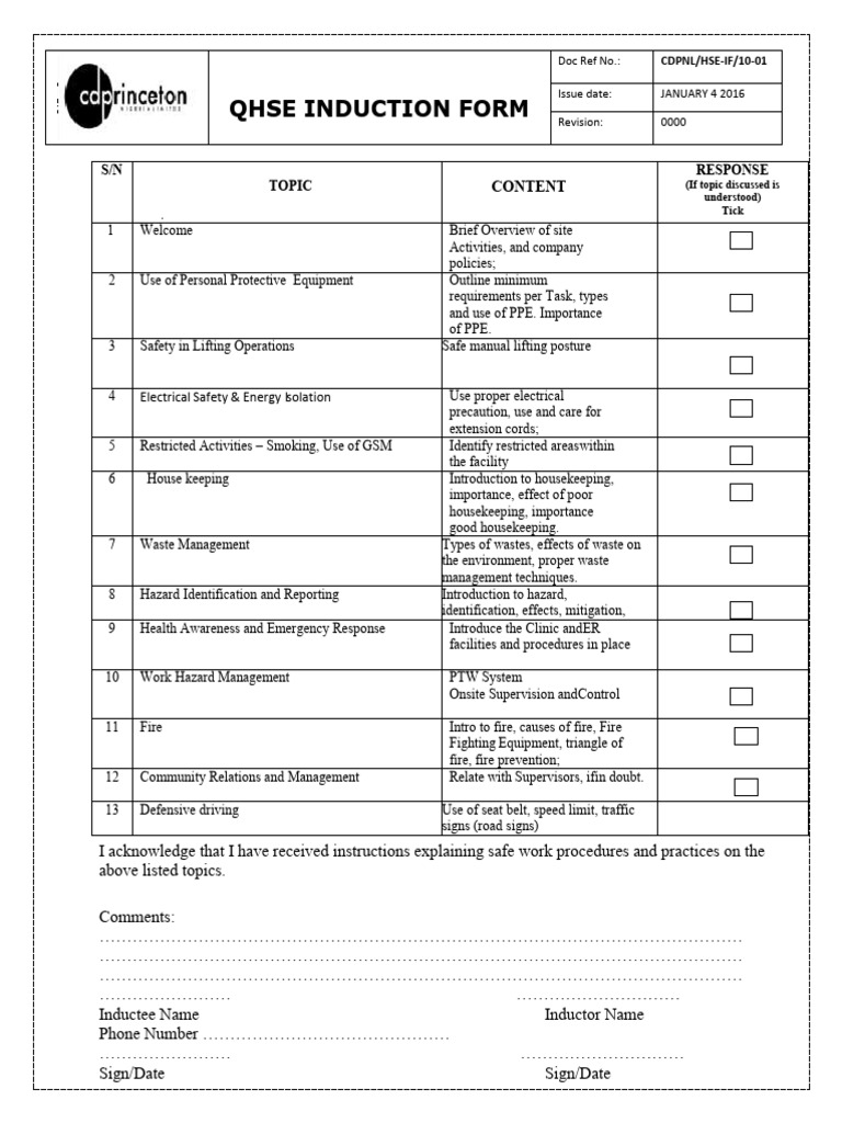 Qhse Induction Form | PDF | Personal Protective Equipment ...