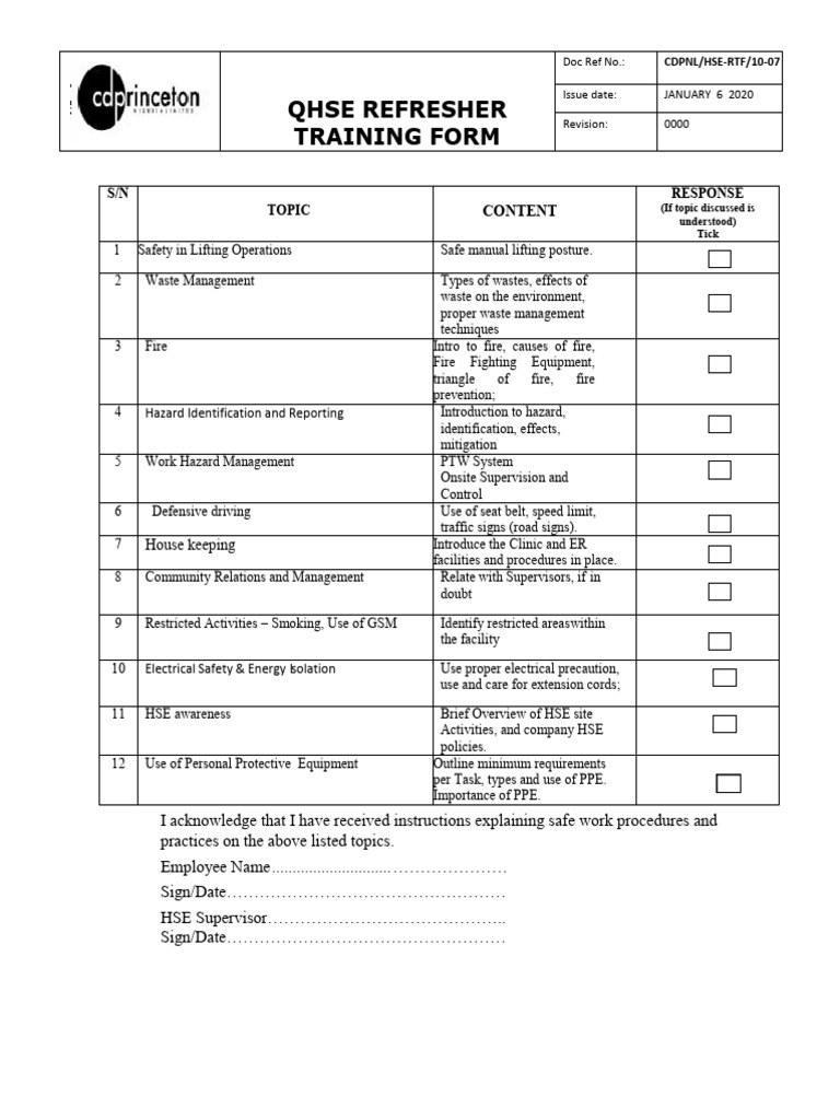 Refresher Training Form Pdf Personal Protective Equipment Labor