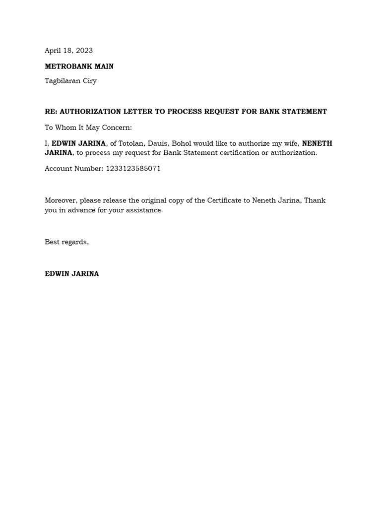 Authorization Letter for Bank Statement | PDF