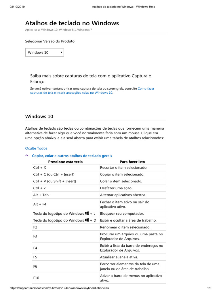 Atalhos de Teclado No Windows 10 - Windows Help | PDF | Botão Ctrl ...