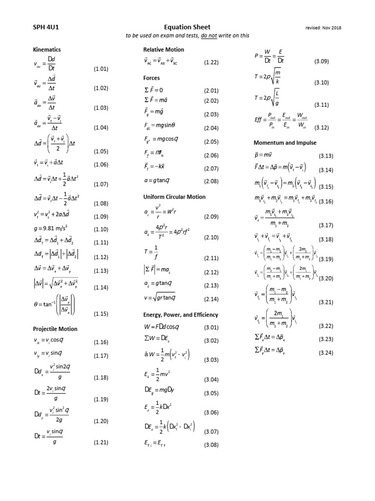 SPH 4U - Equation Sheet | PDF | Mechanics | Physics