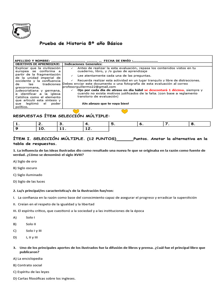 Prueba de Historia 8º Básico 2025 | PDF | Separación de poderes ...