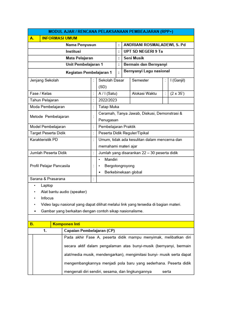 RPP Seni Musik Kls I Sms 1 | PDF