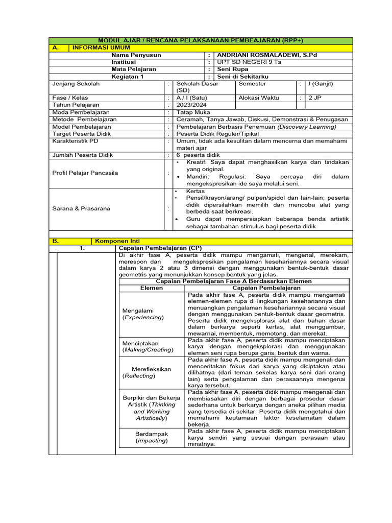 RPP Seni Rupa KLS I SMS 1 | PDF