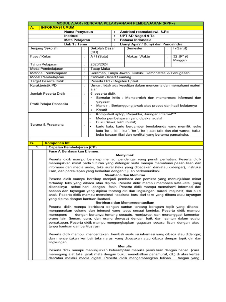 RPP Bindo KLS I SMS 1 | PDF
