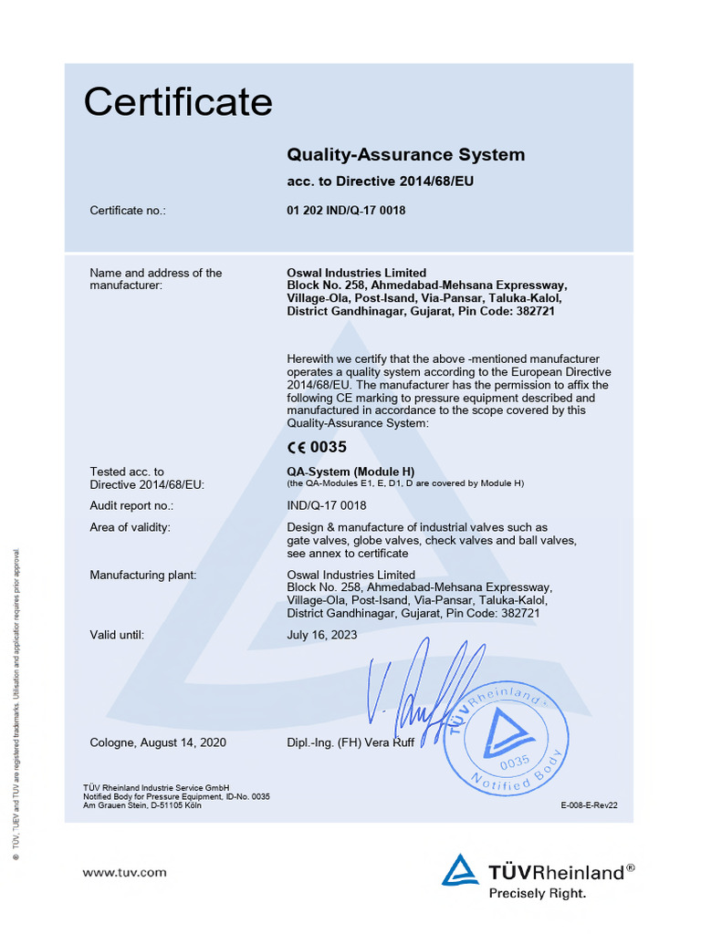 Ce Ped 2014-68-Eu Certificate | PDF | Mechanical Engineering | Equipment