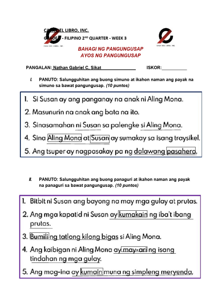 g6 (2ndq Ws - Fil) Week 3 - Bahagi NG Pangungusap - Ayos NG Pangungusap | PDF
