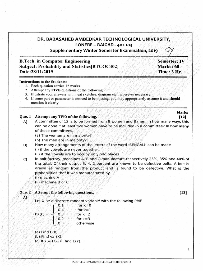 Btech Cs 4 Sem Probability and Statistics Btcoc402 Nov 2019 | PDF