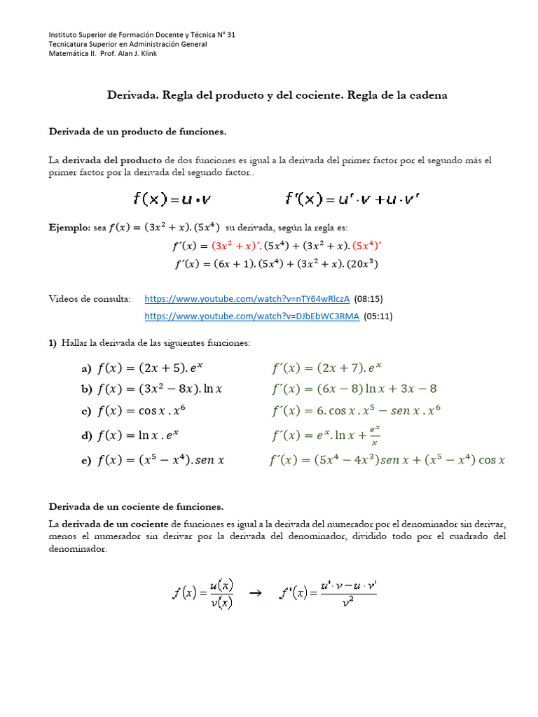 TP7 Derivada. Regla Del Producto y Del Cociente. Regla de La Cadena | PDF | Derivado | Funciones ...