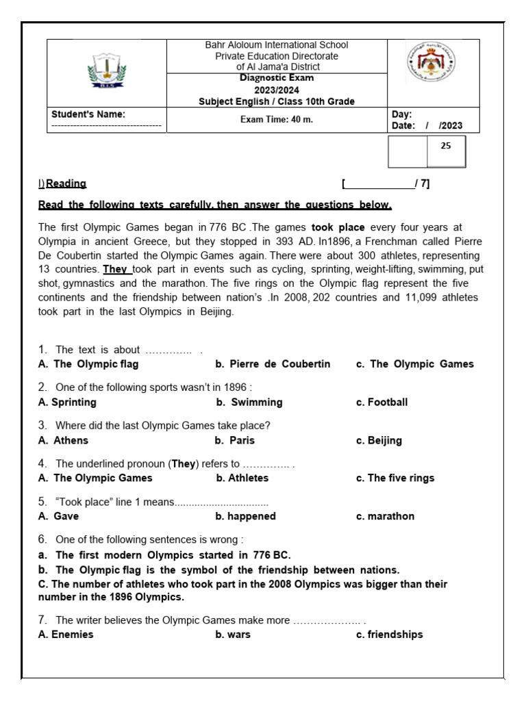 10th Diagnostic Exam | PDF | Olympic Games | Linguistics
