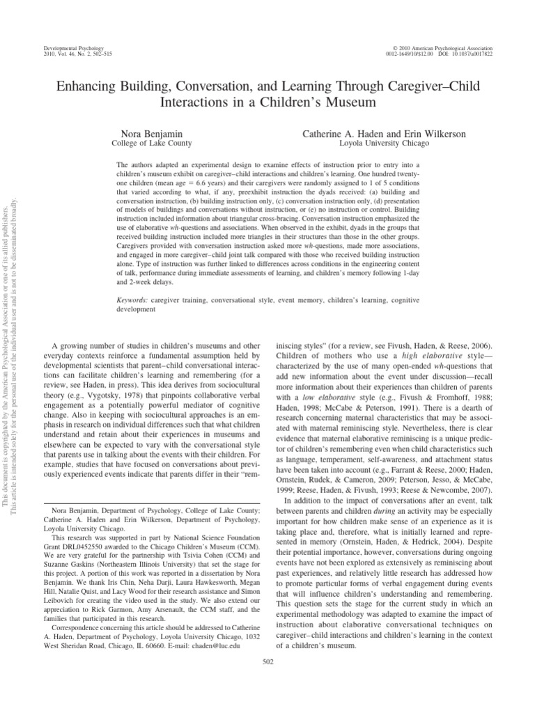 Benjamin 2010 Enhancing Building, Conversation, and Learning Through ...