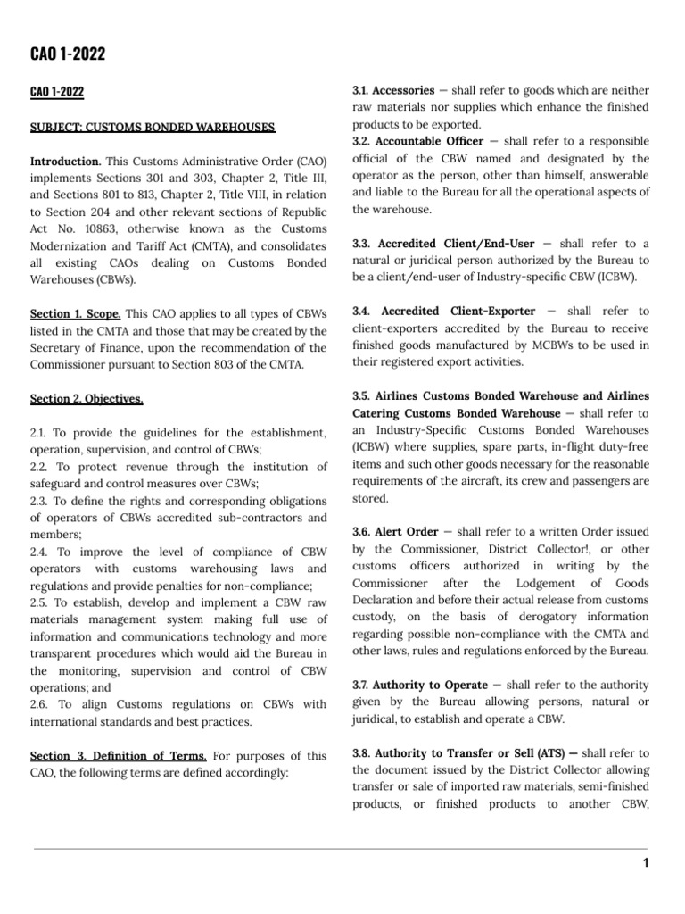 CAO 1-2022 | PDF | Warehouse | Customs