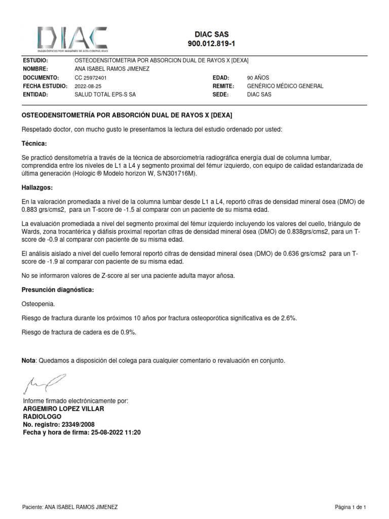 Osteodensitometria Por Absorcion Dual de Rayos X (Dexa) | PDF