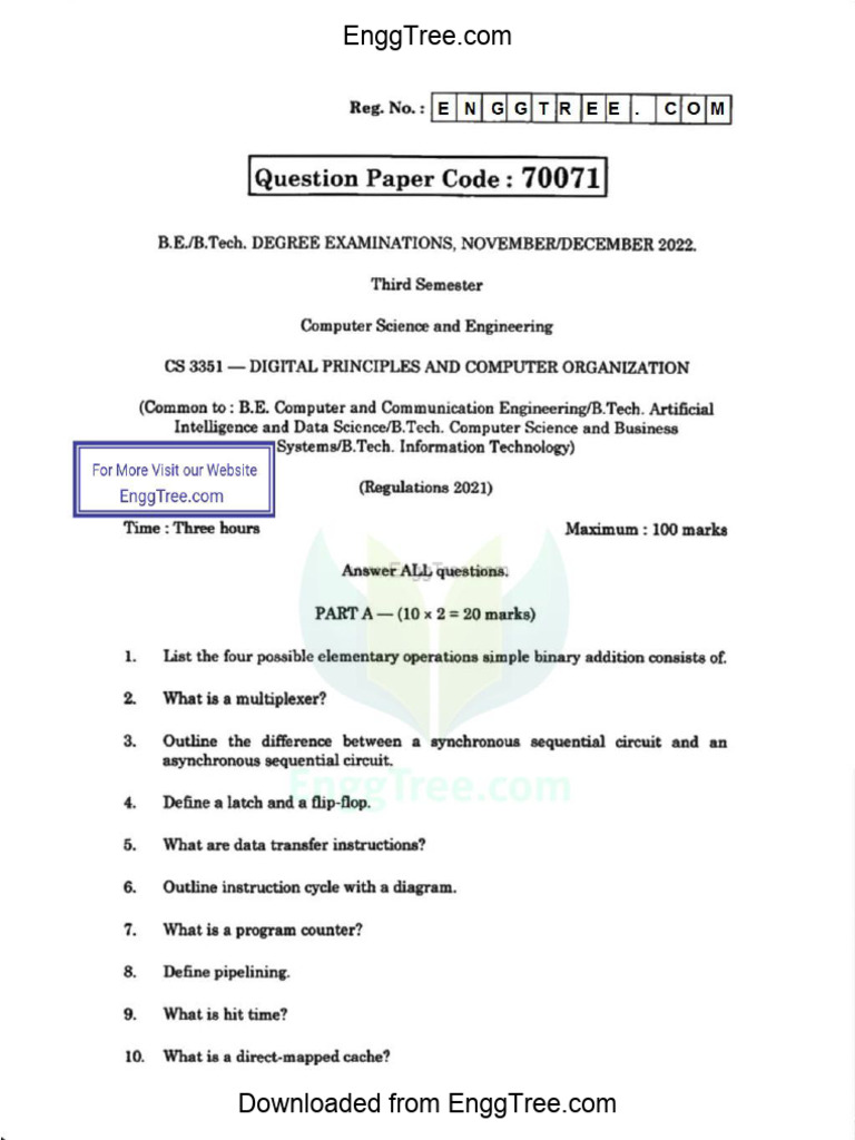CS3351 Digital Principles and Computer Organization Nov Dec 2022 Question Paper Download | PDF