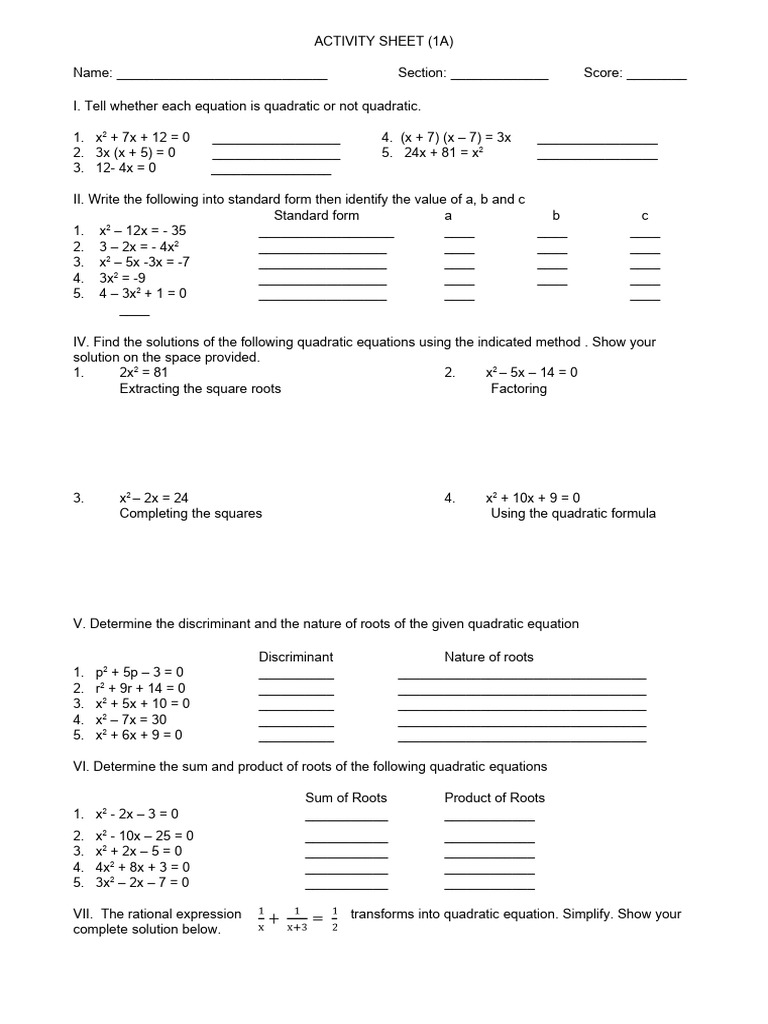 Activity Sheet Quarter 1 | PDF | Quadratic Equation | Mathematical Analysis