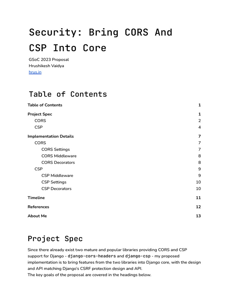 Gsoc 2023 Proposal Bring Cors And Csp Into Core Pdf Computing