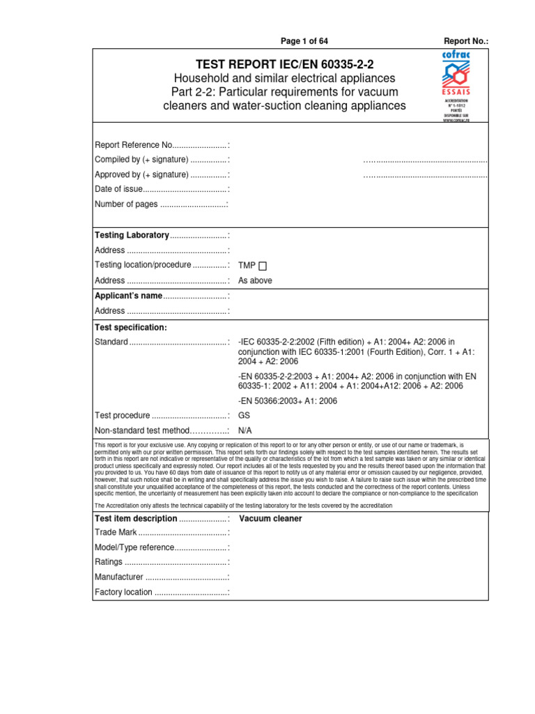 Test Report for Vacuum Cleaners Compliance | PDF | Insulator ...