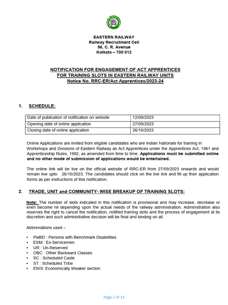 Notification For Engagement of Act Apprentices For Training Slots in ...