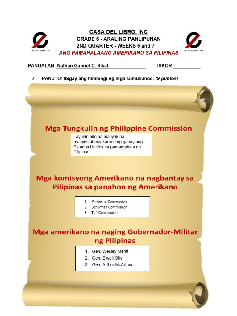 G6 (2NDQ - Ap WS) Week 6&7 - Ang Pamahalaang Amerikano Sa Pilipinas | PDF