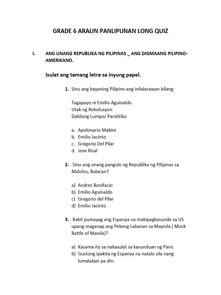 Grade 6 Aralin Panlipunan Long Quiz | PDF
