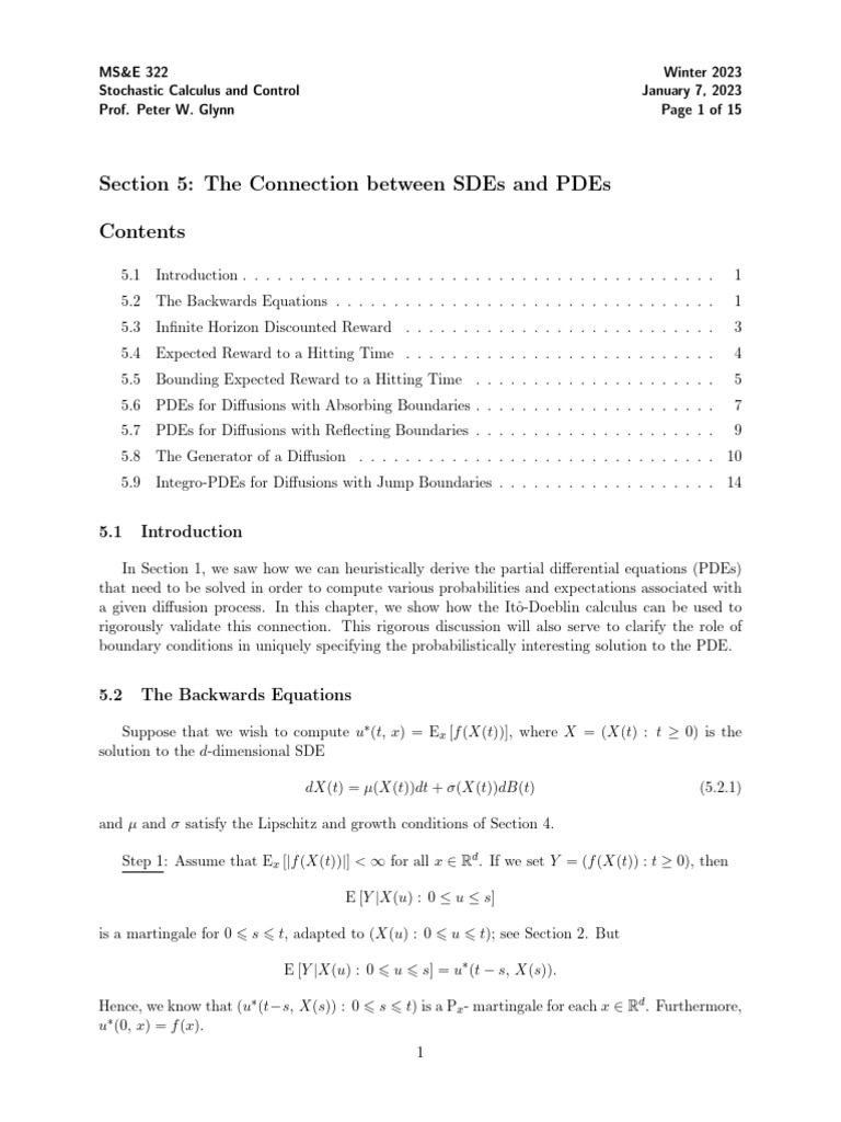 Section 5 - The Connection Between SDEs and PDEs-1 | PDF | Stochastic Differential Equation ...