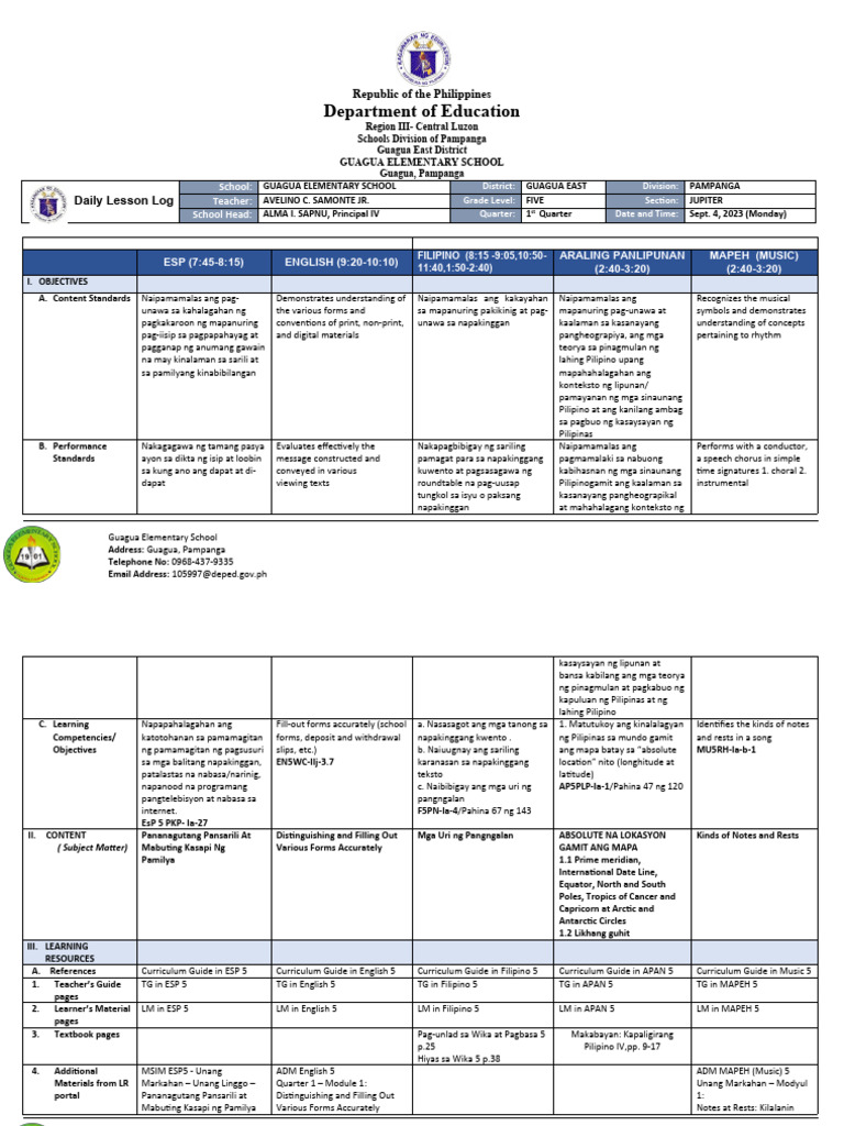 Q1-Grade-5-DLL-Week-1-MAM NIDA | PDF